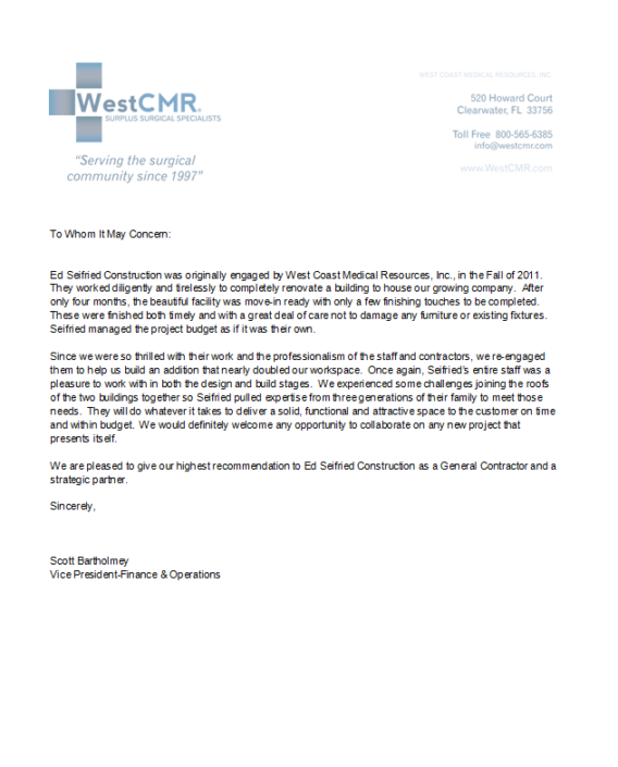 Letters of Recommendation - Ed Seifried Construction